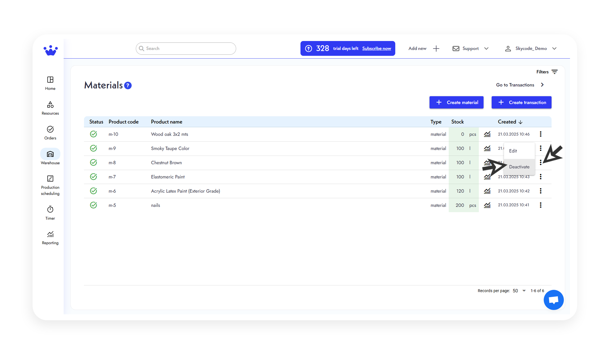 How to deactivate a material – SkyPlanner