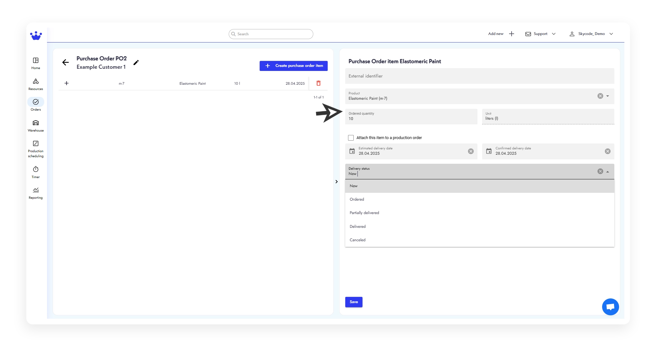 How to update the information of a Purchase order item – SkyPlanner